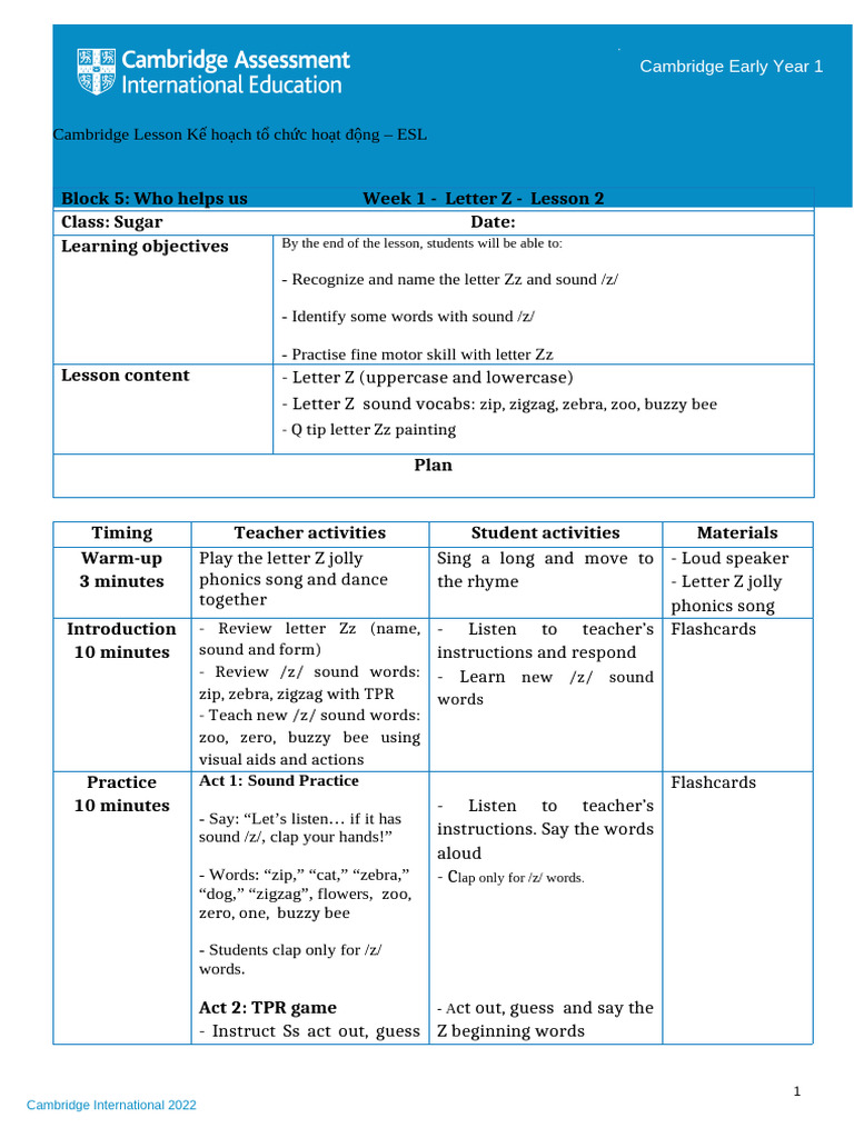 ESL Lesson Plan: Letter Z Activities | PDF | Phonics | Pedagogy