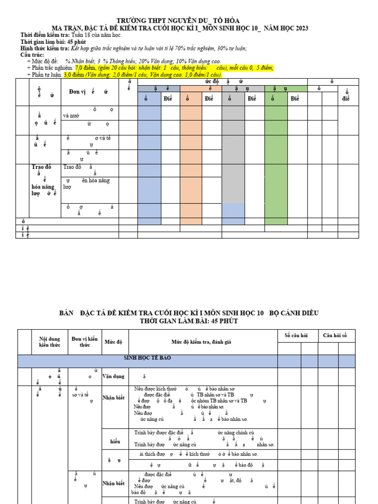 Ma Tran Sinh Hoc - HK 1 - 2024 | PDF