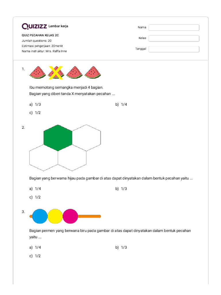Quizizz - QUIZ PECAHAN KELAS 2C | PDF