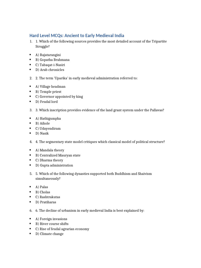 MCQs on Ancient to Early Medieval India | PDF