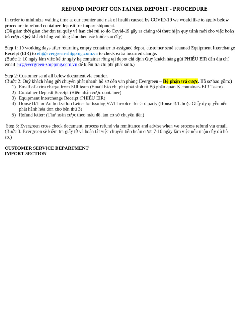 CNTR DEPOSIT REFUND | PDF