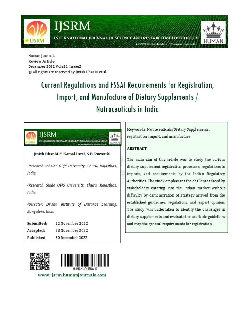 FSSAI Guidelines for Nutraceuticals in India | PDF | Nutrients ...