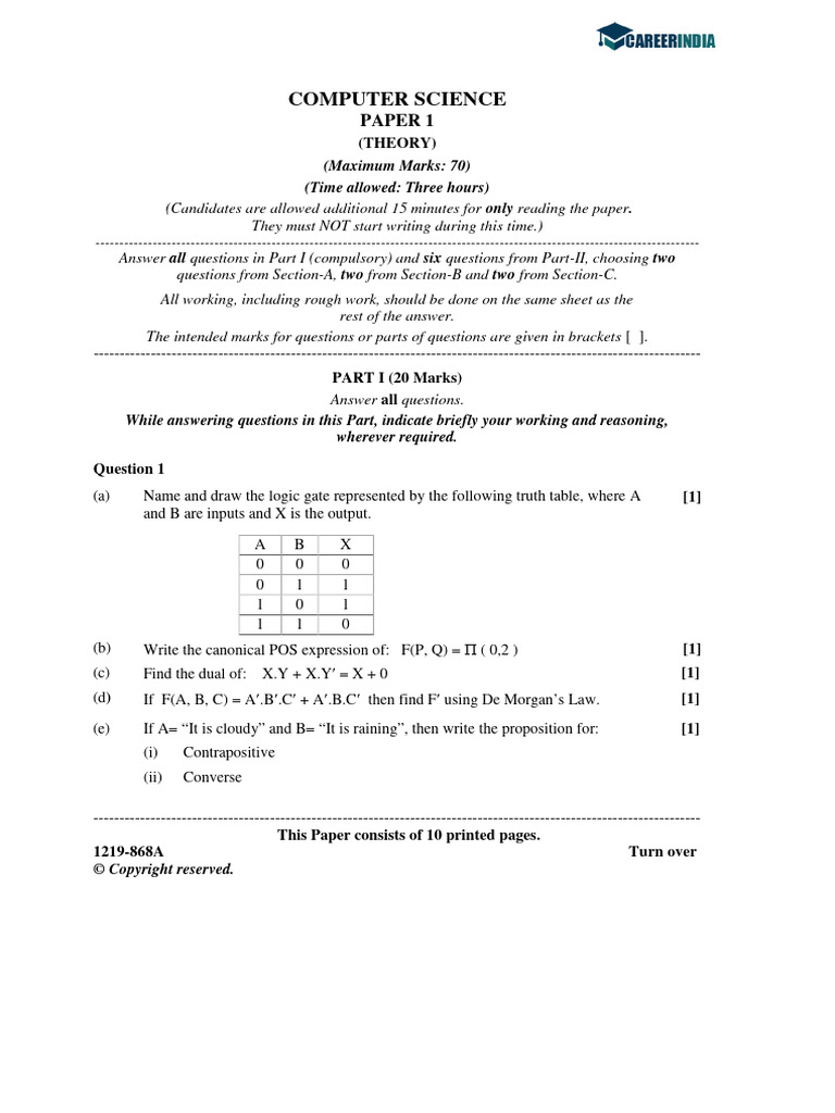 ISC Class 12 Computer Science Paper 1 (Theory) Question Paper - 2019 | PDF | Constructor (Object ...