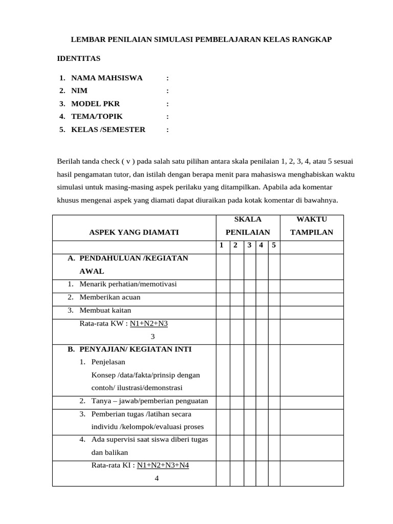 Lembar Penilaian Simulasi Pembelajaran Kelas Rangkap | PDF