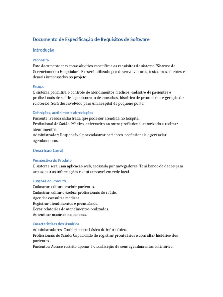 Requisitos para Sistema de Gerenciamento Hospitalar | PDF | Bancos de ...