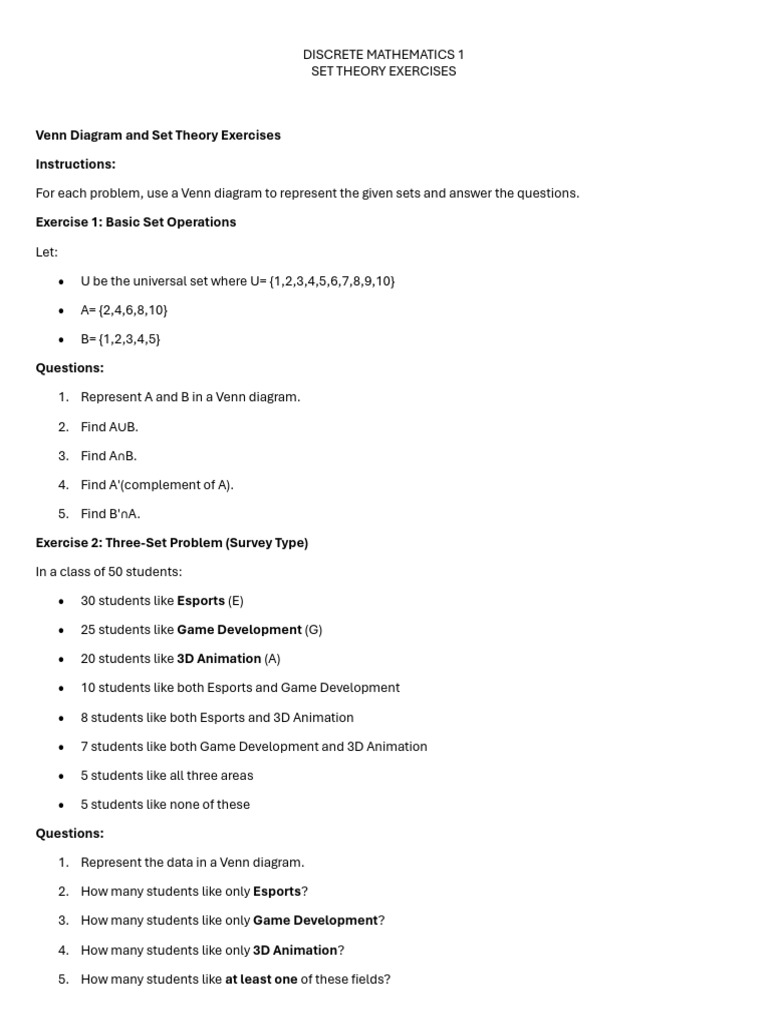 Venn Diagram and Set Theory Exercises | PDF | Statistics | Mathematics