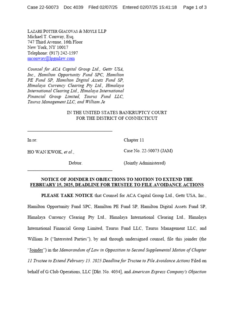 CTB 22-50073 4039 - Objection - Notice of Joinder in Objections To ...