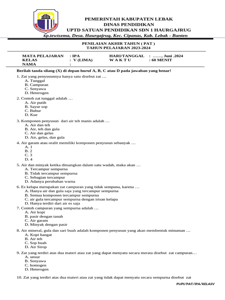 PAT Kelas 5 IPA | PDF