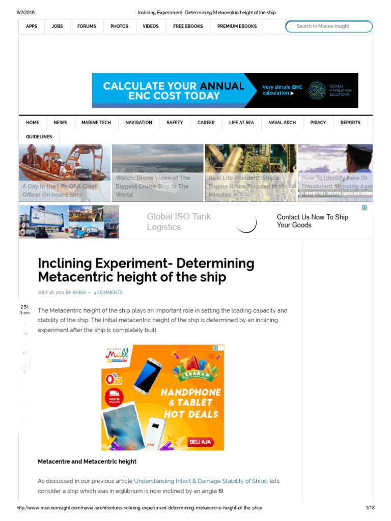 Metacentric Height Inclining Experiment | PDF | Sailor | Shipping