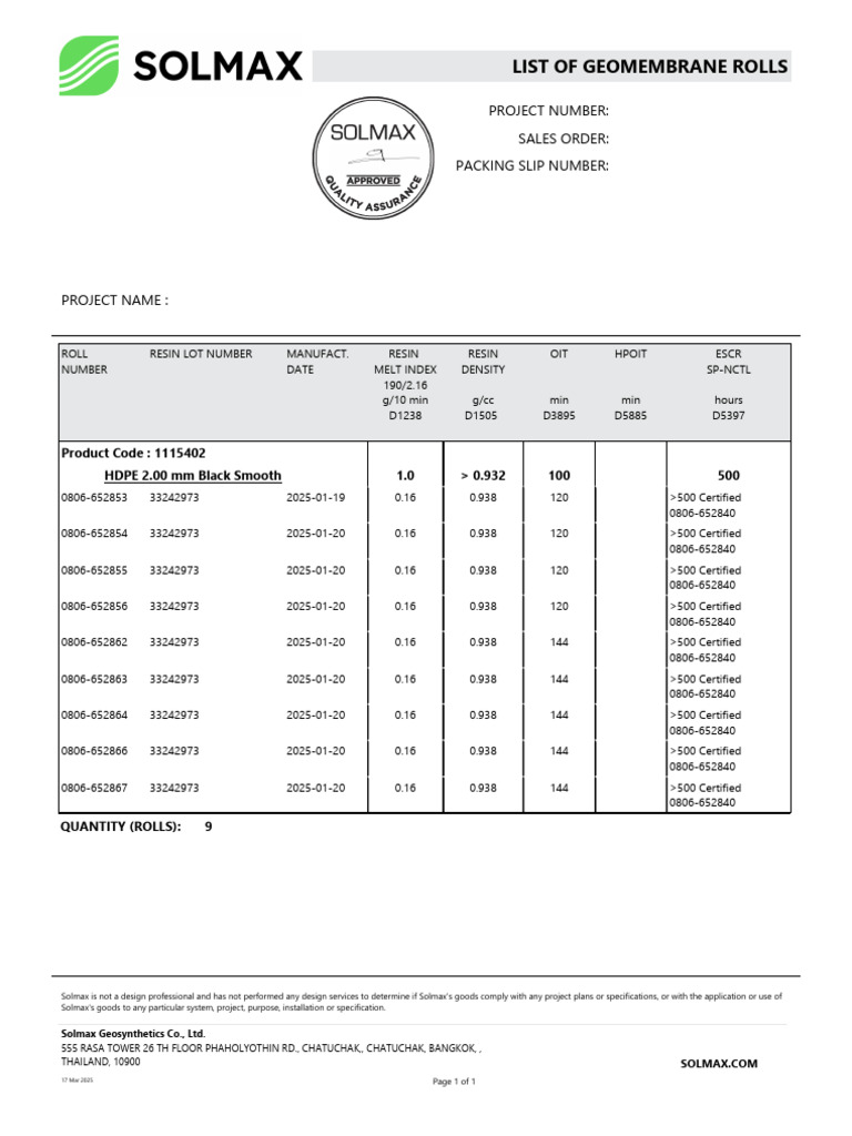 Geomembrane Roll Specifications List | PDF | Materials | Applied And ...