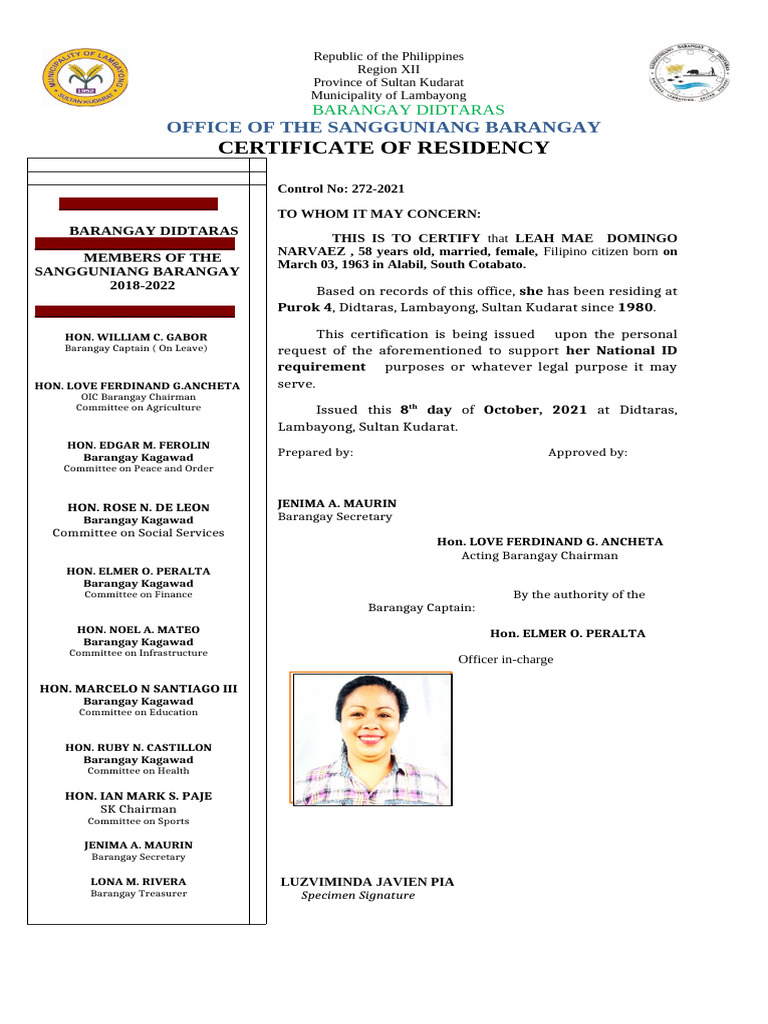 RESIDENCY CERTIFICATE Barangay | PDF