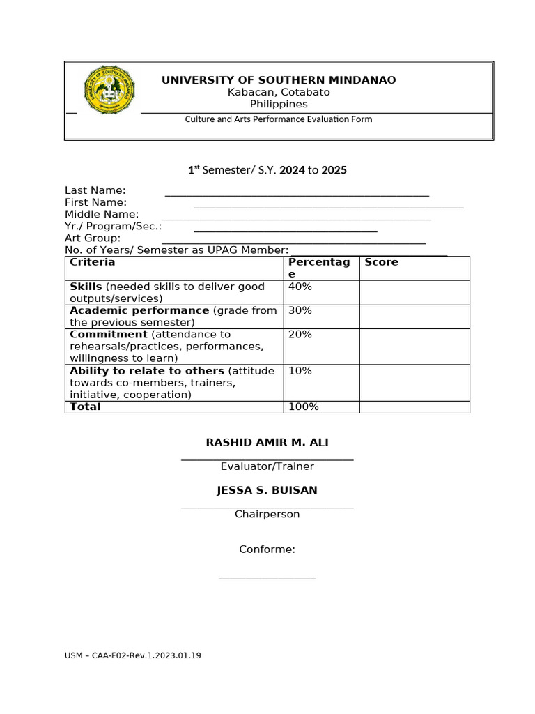 USM Culture and Arts Evaluation Form | PDF