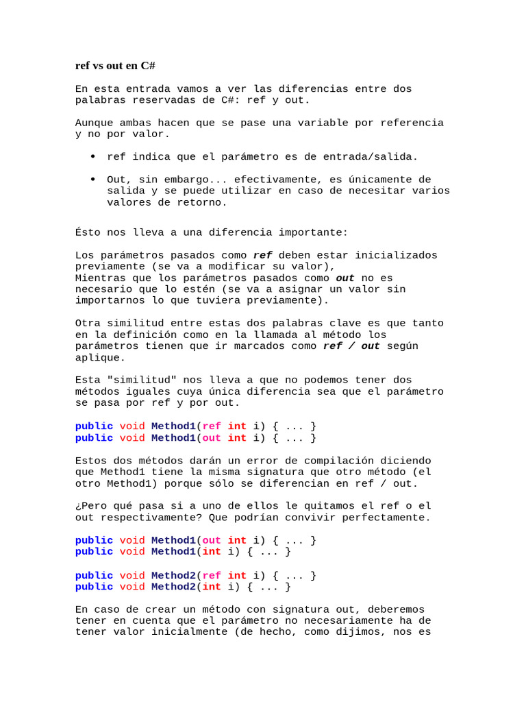Pasar Valores Por Referencias Ref Vs Out en C#, Return Vs Ref | PDF | C Sharp (lenguaje de ...
