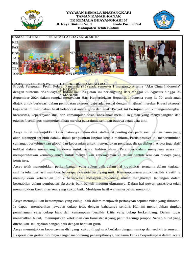 Contoh Rapot Kurmer TK A | PDF