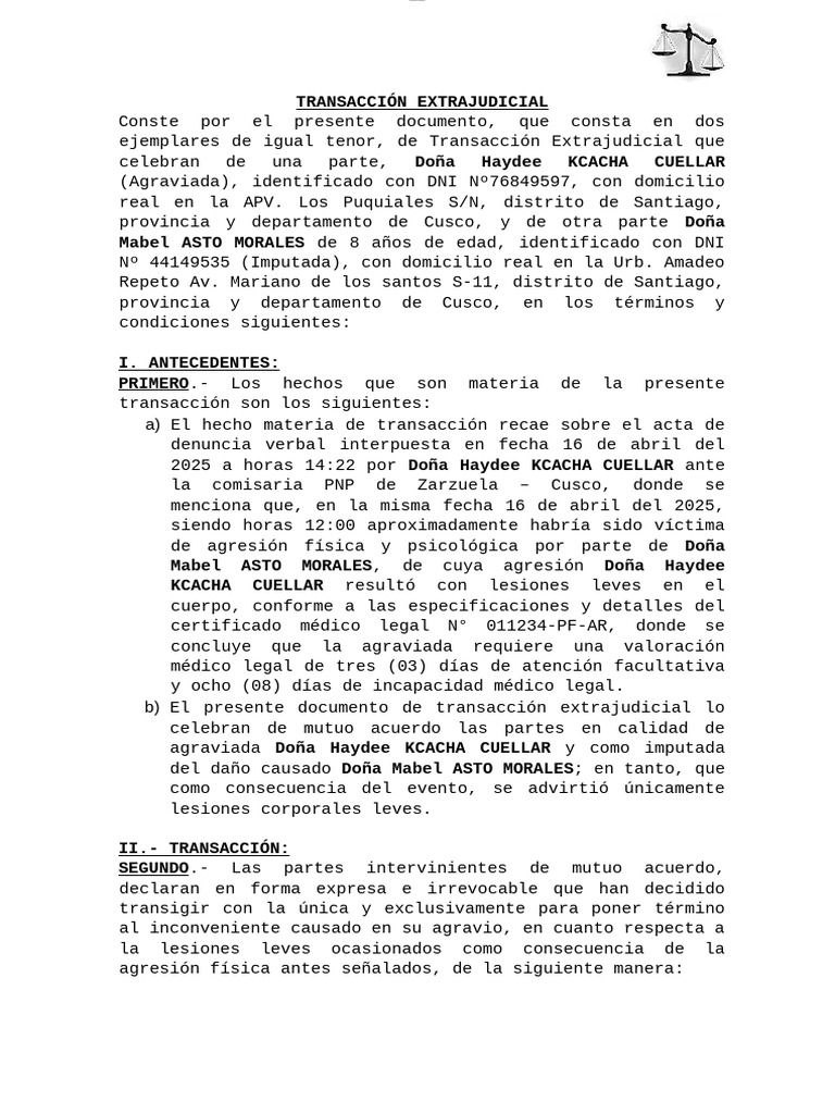 Transacción Extrajudicial Lesiones Leves (Agresión) . | PDF