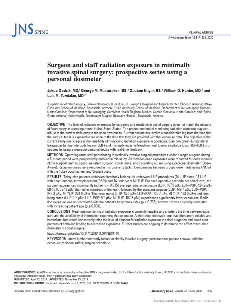 Surgeon and Staff Radiation Exposure in Minimally Invasive Spinal ...