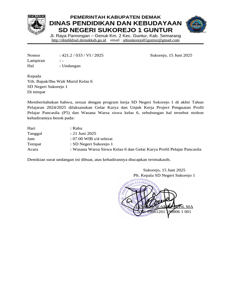 SURAT WASANA WARSA Ortu Kelas 6 | PDF