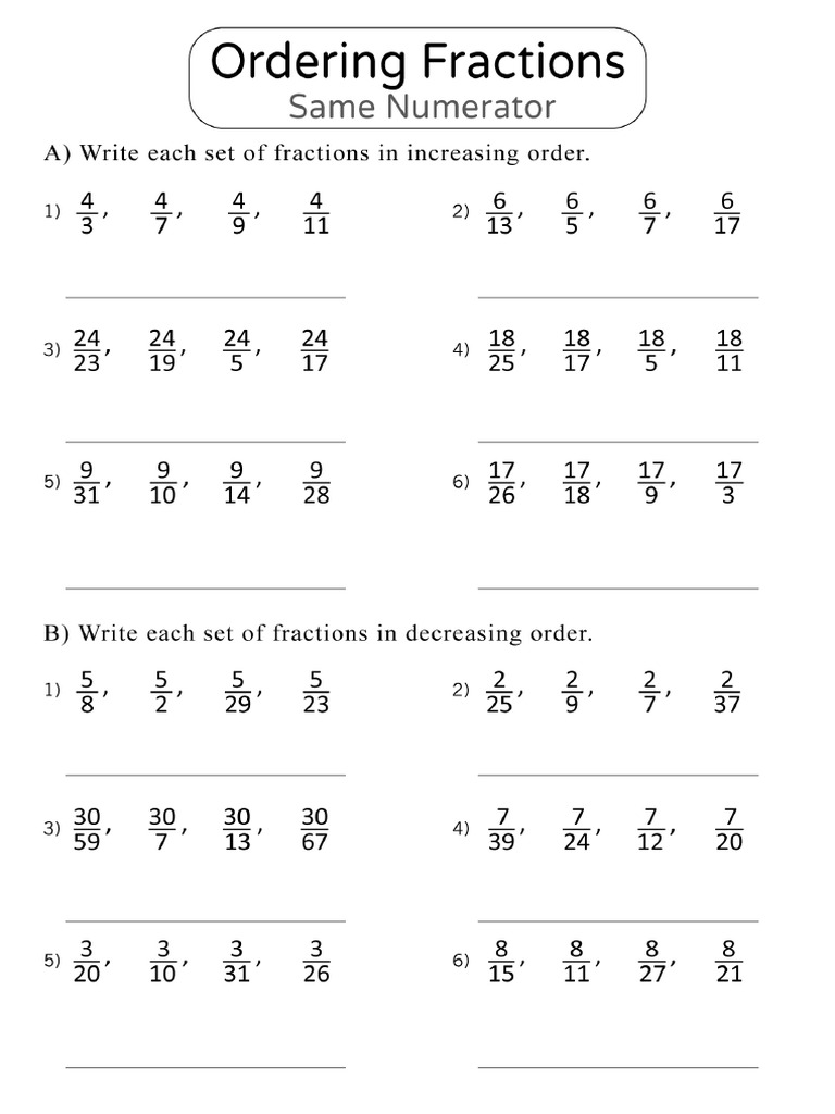 Ordering Fractions With The Same Numerator Worksheet | PDF