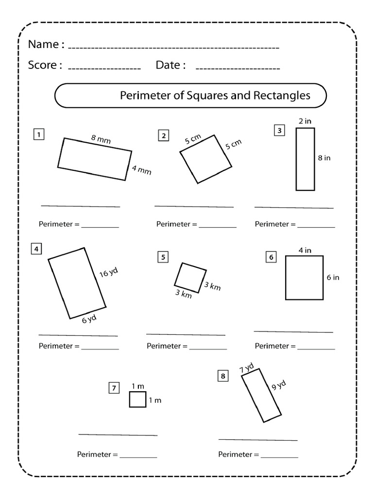 Area and Perimeter of Square and Rectangle Worksheets | PDF
