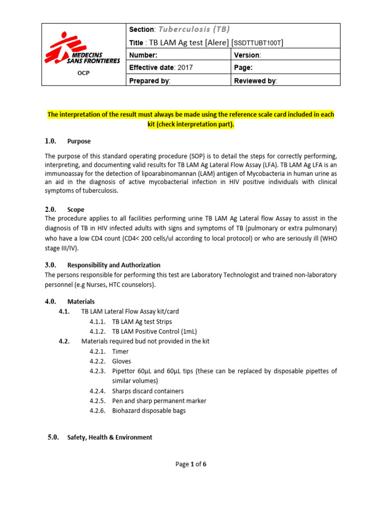 Urine TB Lam Test Sop | PDF | Tuberculosis | Medicine