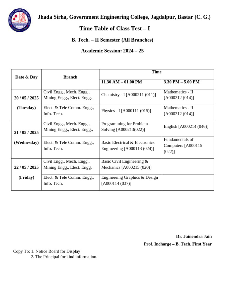 CT - 1, Timetable, May 2025 | PDF