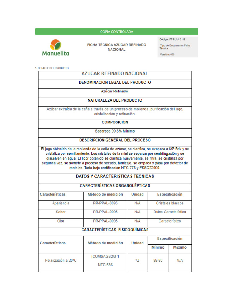 Manuelita Refinado Nacional FT - PLAA-0119 | PDF