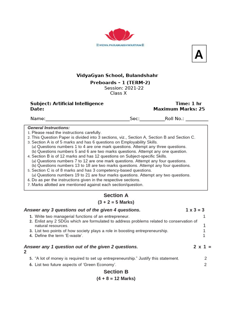 ARTIFICIAL INTELLIGENCE-CLASS-X-TERM-2 Set-A | PDF | Ozone | Cognitive Science