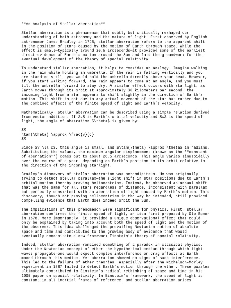 Analysis of Stellar Aberration | PDF | Luminiferous Aether | Speed Of Light