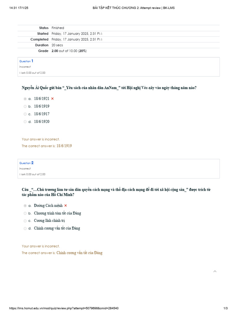 BÀI TẬP KẾT THÚC CHƯƠNG 2 - Attempt review - BK-LMS | PDF