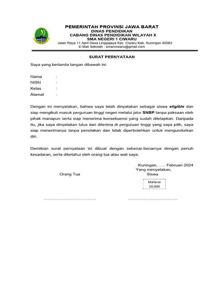 Surat Pernyataan SNBP | PDF