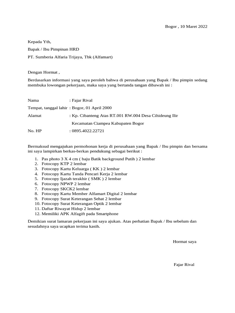 Surat Lamaran Kerja Prakas Fajar | PDF