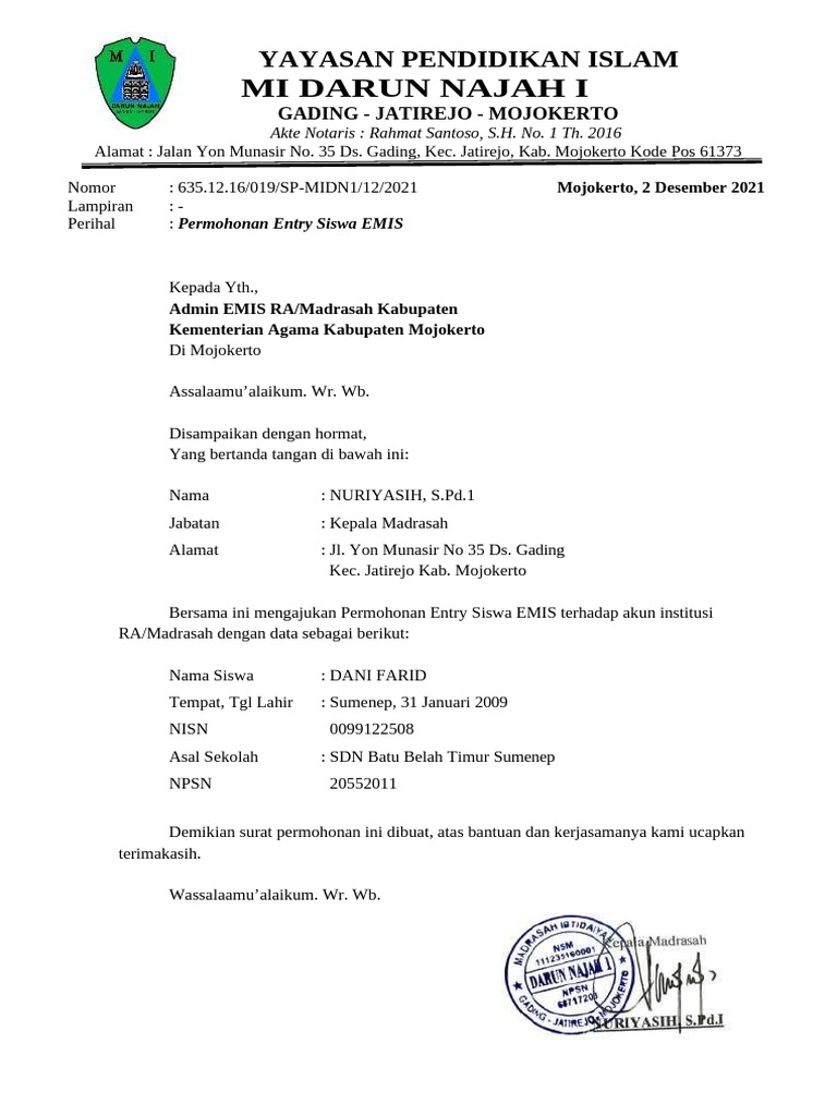 Contoh Surat permohonan Entri Siswa emis | PDF