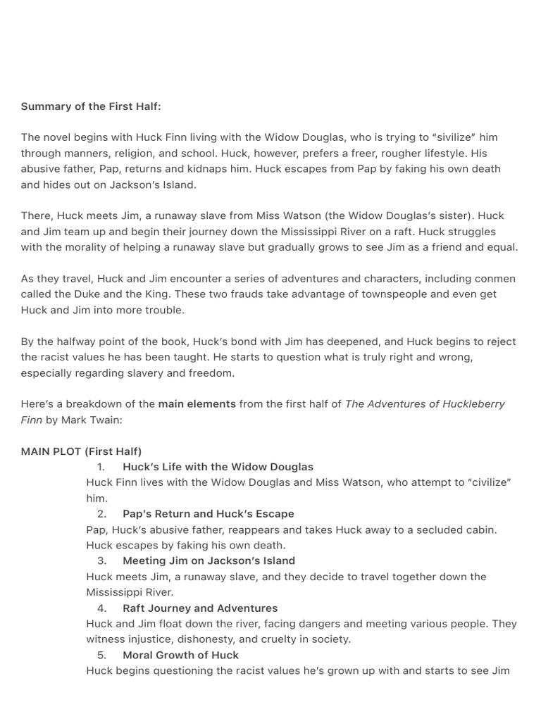 Summary of The First Half | PDF | Huckleberry Finn | Adventures Of ...