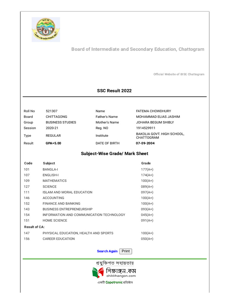 SSC Result BISE Chattogram | PDF