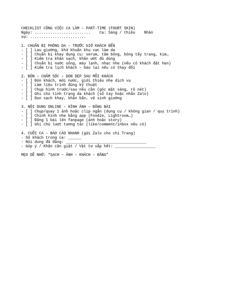 FourT Skin Checklist Parttime | PDF