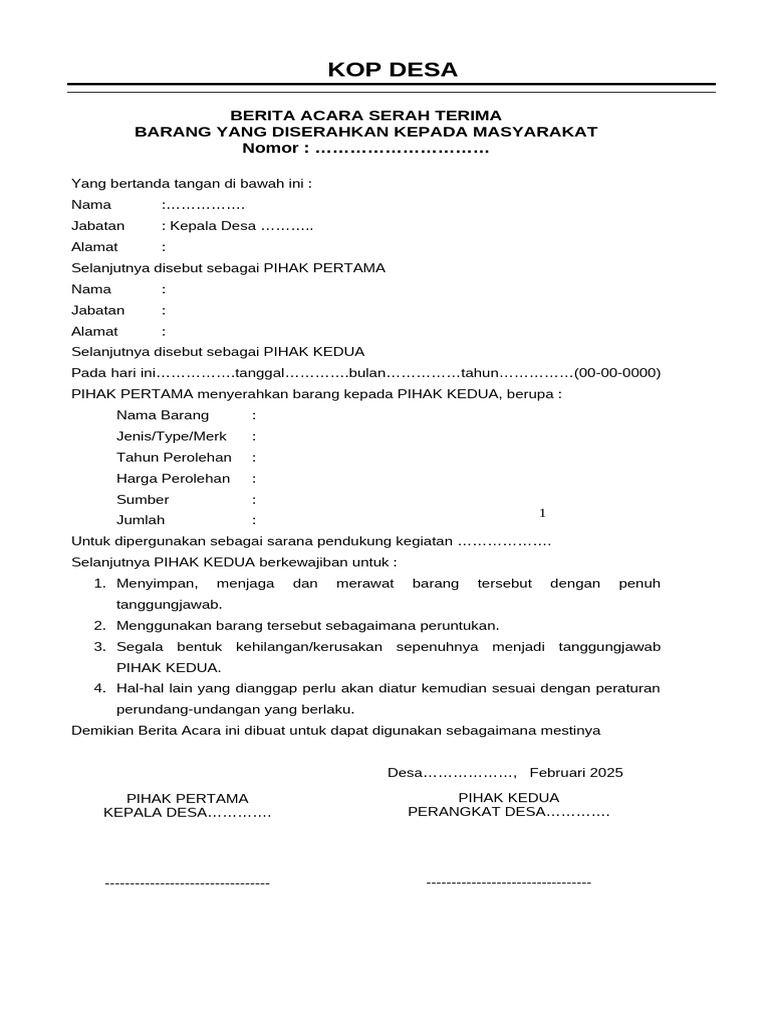 Berita Acara Serah Terima Barang Desa | PDF