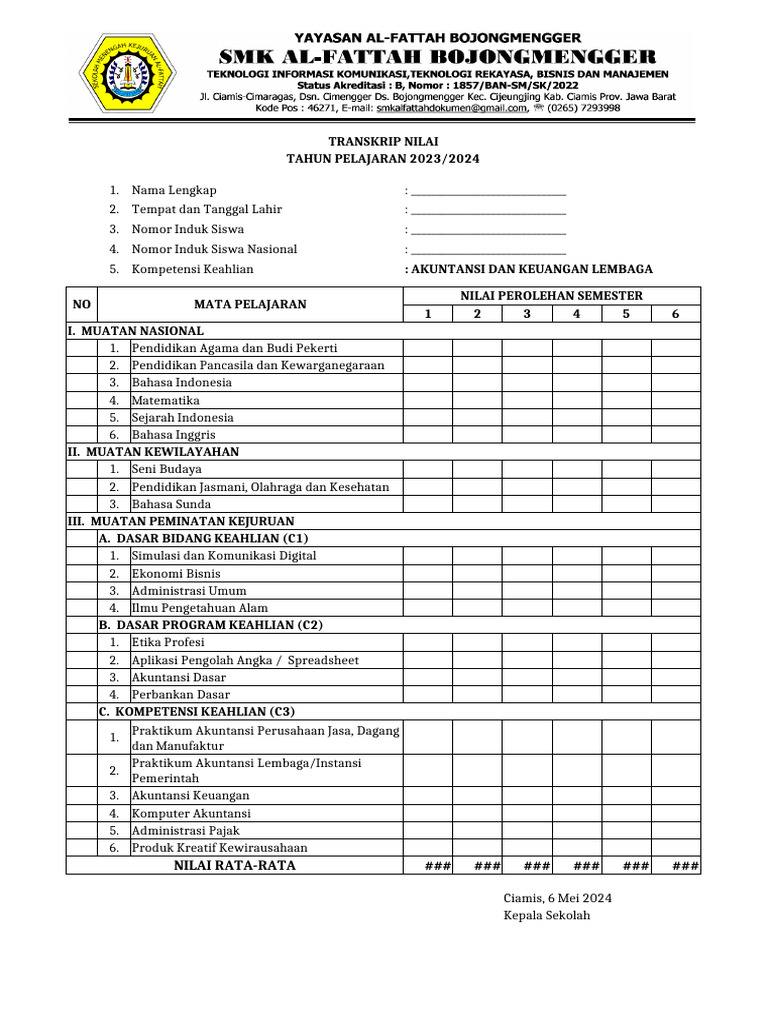 Transkrip Nilai AKL - Tahun Pelajaran 2024-2025 | PDF