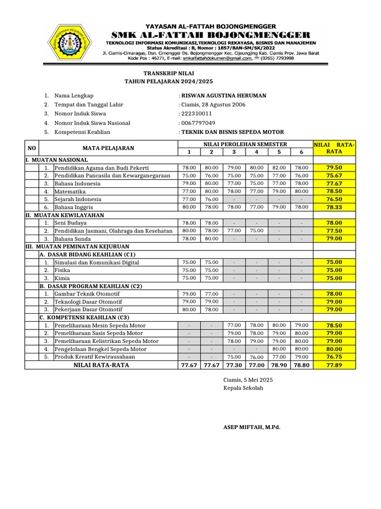 Transkrip Nilai TBSM - Tahun Pelajaran 2024-2025 | PDF