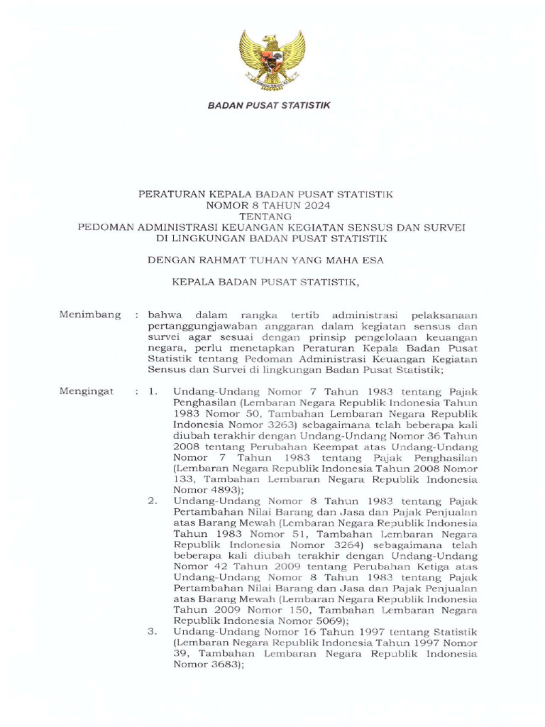 PAK - Perka BPS Nomor 8 Tahun 2024 Tentang Pedoman Administrasi Keuangan Kegiatan Sensus Dan ...