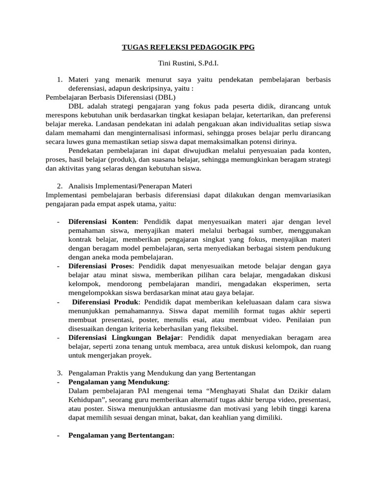 TUGAS REFLEKSI PEDAGOGIK PPG TINI RUSTINI, S.Pd.I | PDF