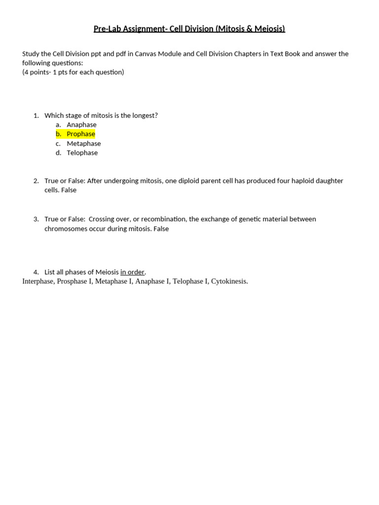 Pre Lab#3 Cell+Division | PDF