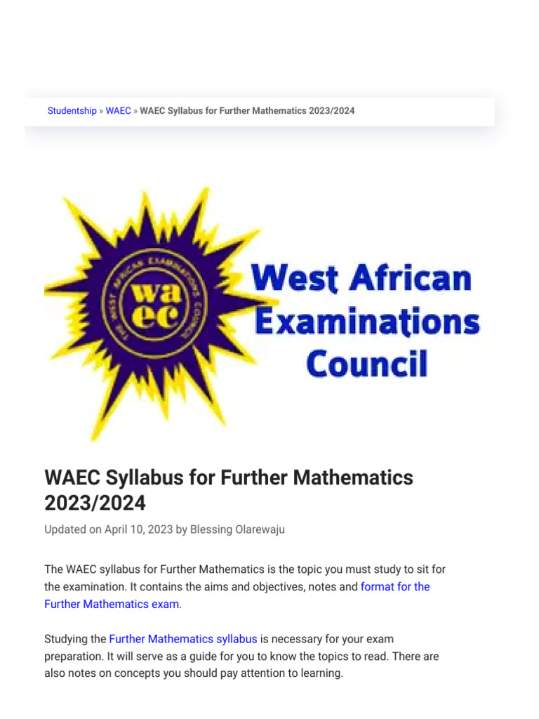 WAEC Further Mathematics Syllabus 2023/24 | PDF | Mathematics | Vector ...