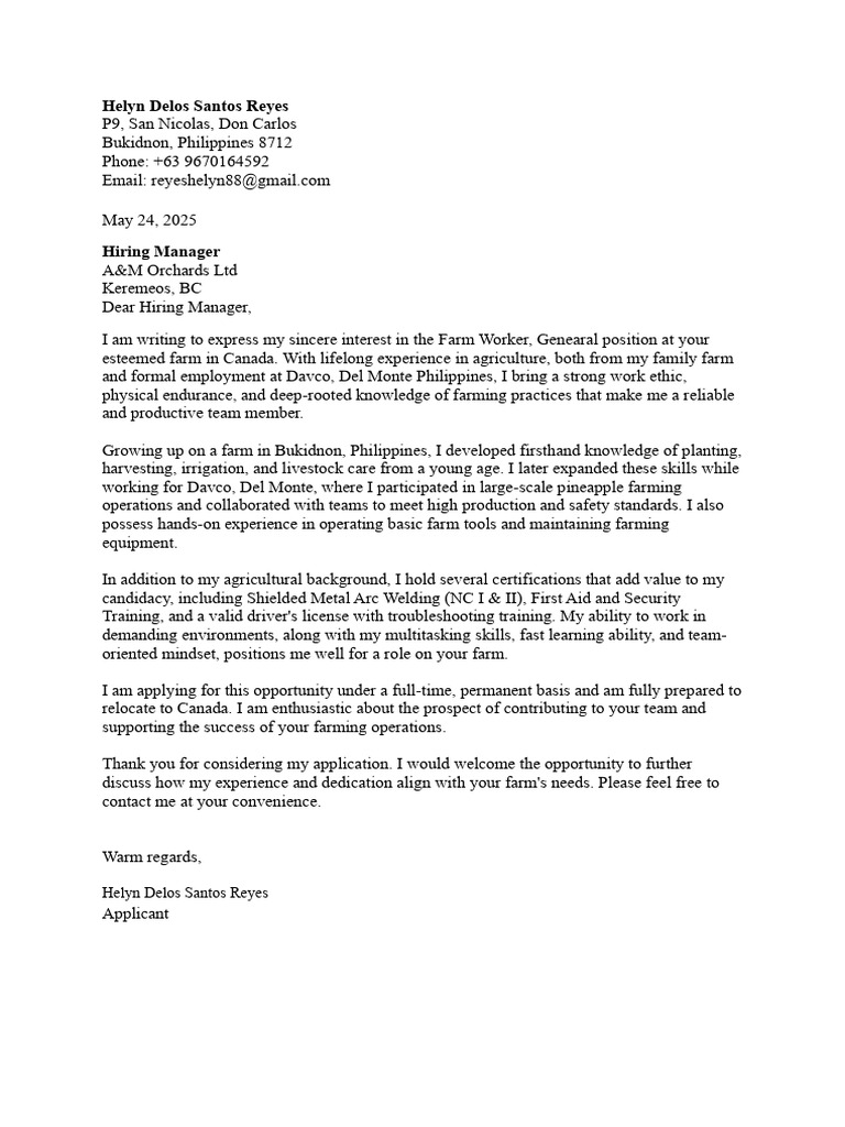 I Am Sharing 'Cover Letter - Helyn Reyes' With You | PDF