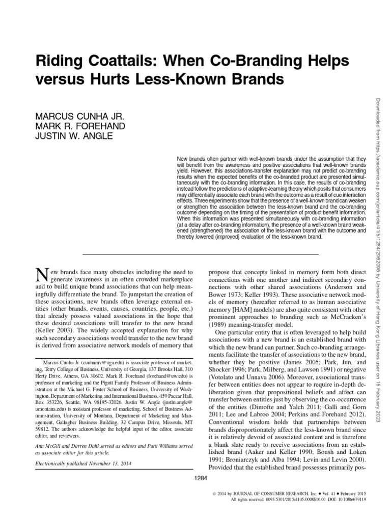 Riding Coattails - When Co-Branding Helps Versus Hurts Less-Known ...