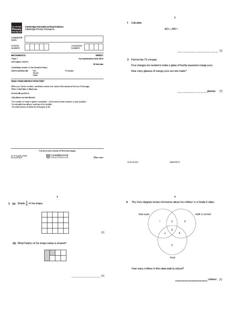 Primary Checkpoint Math 0845 Specimen 2014 Paper 1 Print | PDF