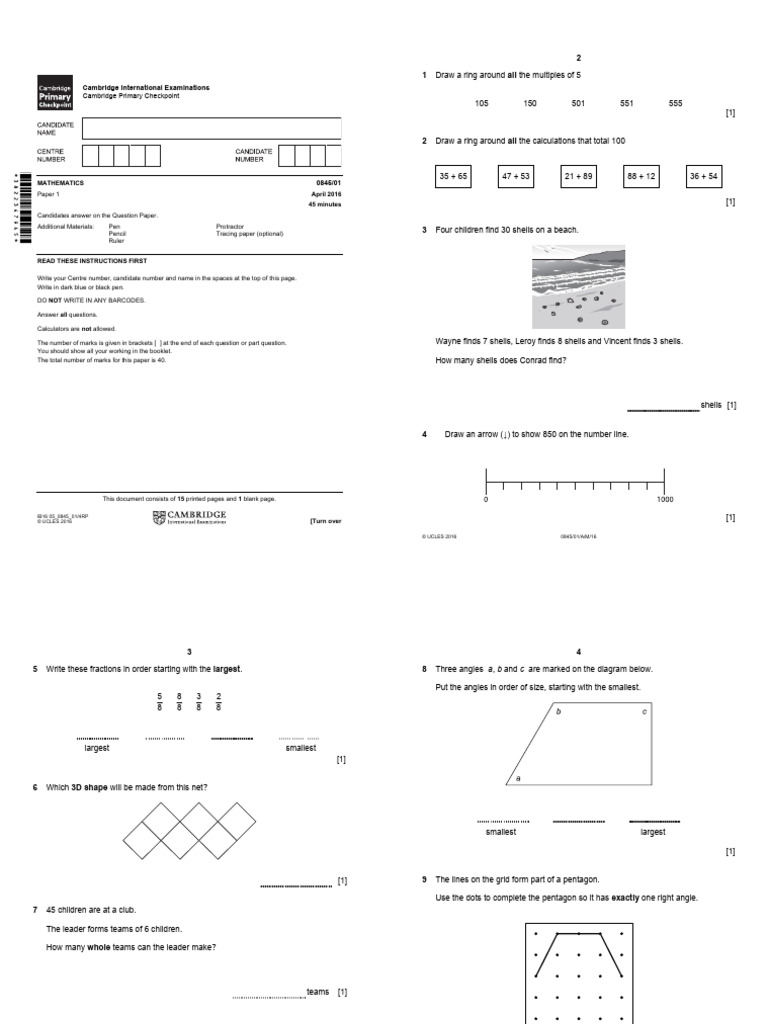 Primary Checkpoint Mathematics 0845 April 2016 Paper 1 Print | PDF ...