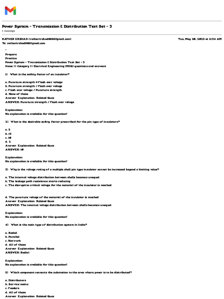 Power System Transmission & Distribution MCQs | PDF | Electric Power ...
