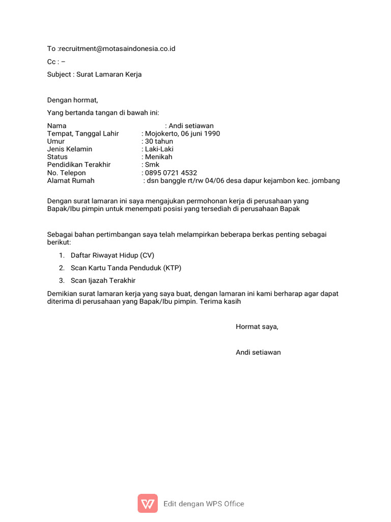 Bagi Surat Lamaran Kerja Andi | PDF