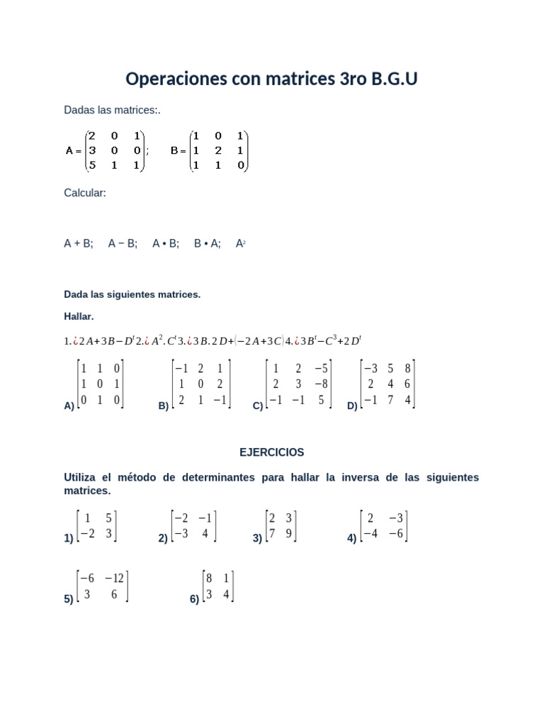Operaciones Con Matrices 3ro Bgu | PDF