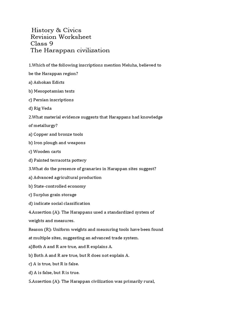 Harappan Civilization Revision Worksheet | PDF